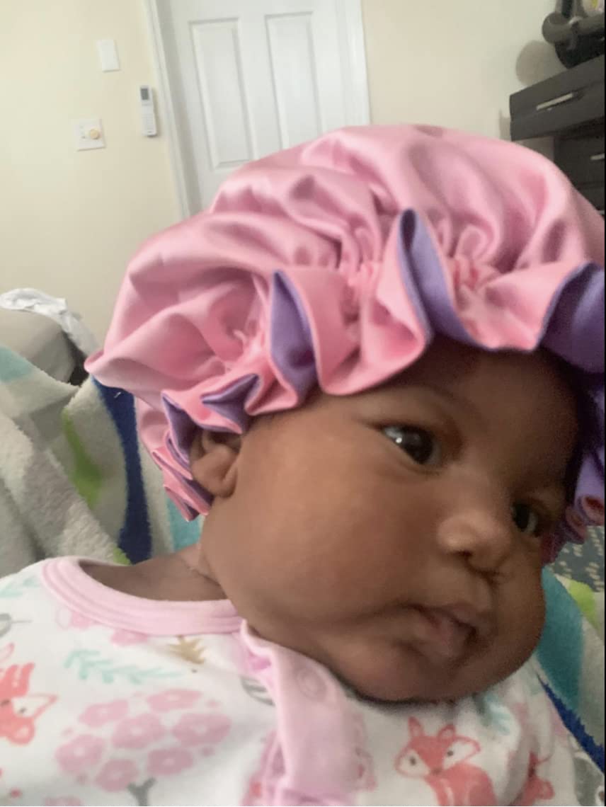 AKISS Reversible Satin Silk Sleep Hair Bonnet for Newborn Baby Girl Boy (Taffy/Lavender, 1~3 M)