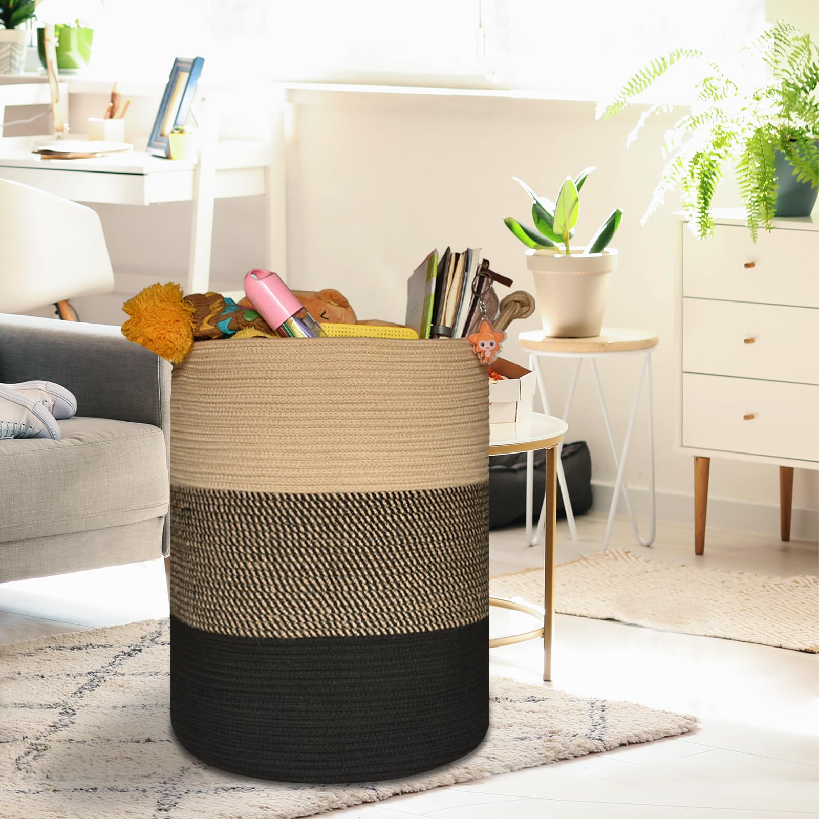 COMSE Extra Large Blanket Basket, High Storage Basket, Tall Rope Laundry Basket, 15.7”x 21.7”, Cotton Rope Basket, XXXL Laundry Basket, Toy Basket, Woven Basket, Clothes Baskets,Brown/Black
