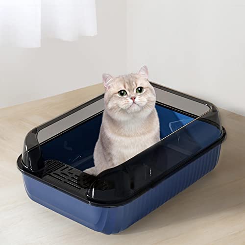 AWHAO Cat Litter Box,Cat Toilet, Stain Resistant Anti Splash Semi Enclosed Sturdy Scatter Shield Cat Bedpan Large Kitty Litter Pan Open Top Cat, Blue