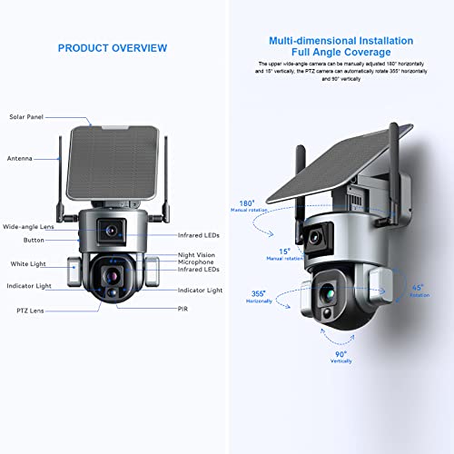 4K Solar Security Cameras Wireless Outdoor with Wireless 2.4G Wi-Fi 360° View, Solar Security Camera with AI Motion Detection, Infrared Night Vision,10x Optical Zoom, PTZ Control, 2-Way Talk, IP66