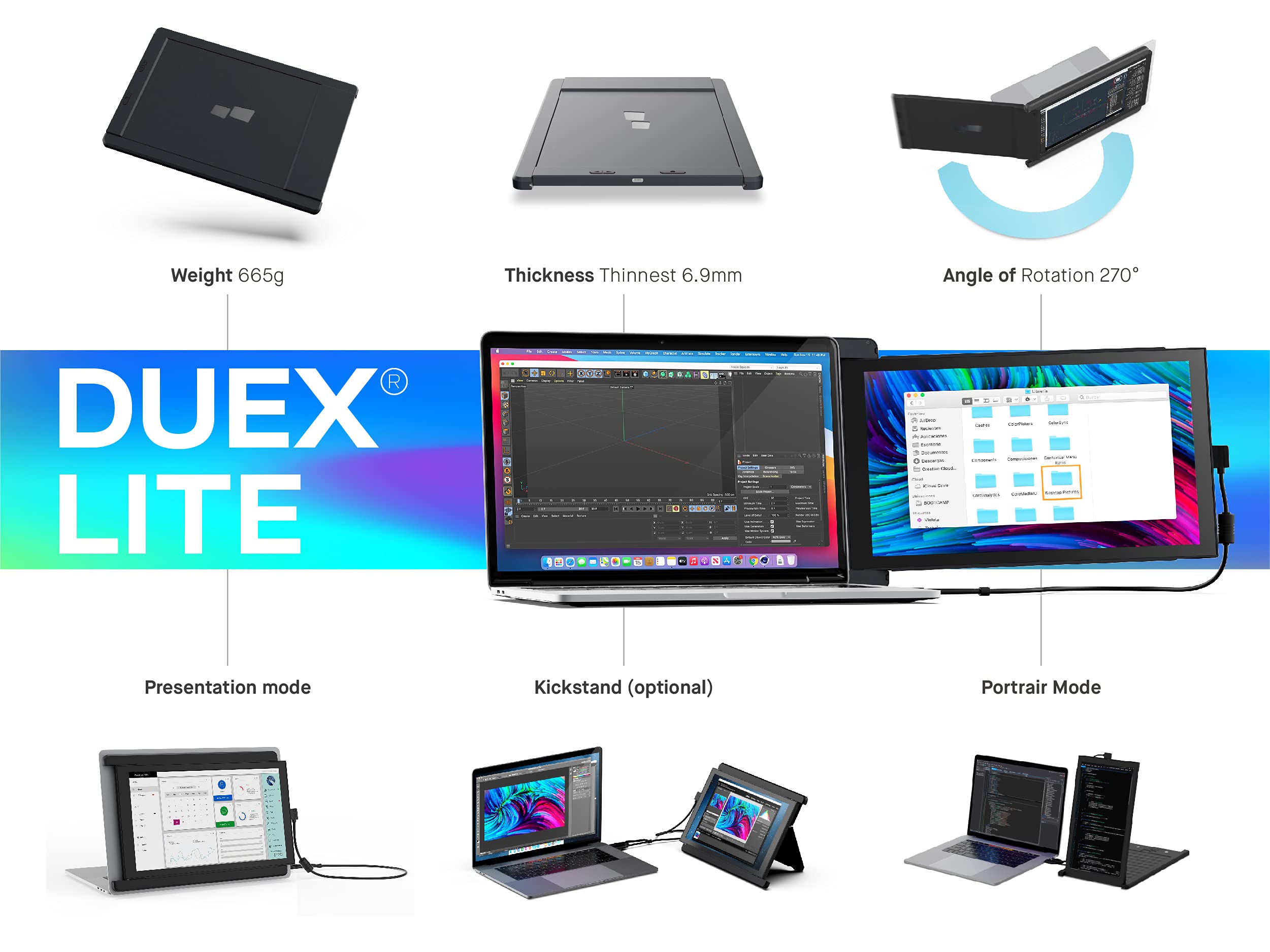 Duex Mobile Pixels Lite Portable Monitor for Laptops 12.5" Full HD IPS Screen,USB C Ultra Portable Laptop Dual Monitor, Plug and Play,Any Laptops Compatible (Grey)