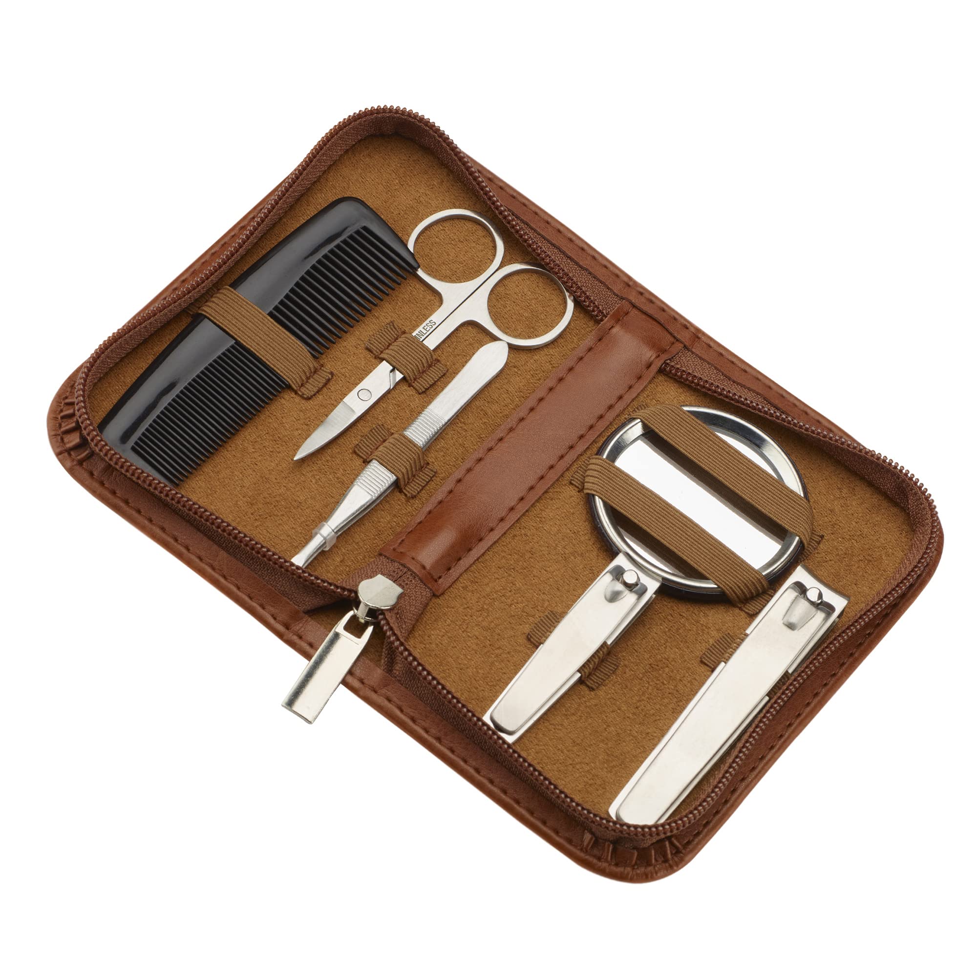 Conair Men's Grooming Kit, Grooming Kit for Men with 7-Pieces in Leather, Zippered Case