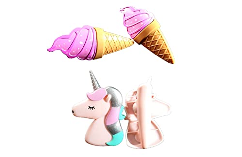 2 Set (4 Ct) Pink Ice Cream / Pink Unicorn Beach Towel Clips Jumbo Size for Beach Chair, Cruise Beach Patio, Pool Accessories for Chairs, Household Clip, Baby Stroller