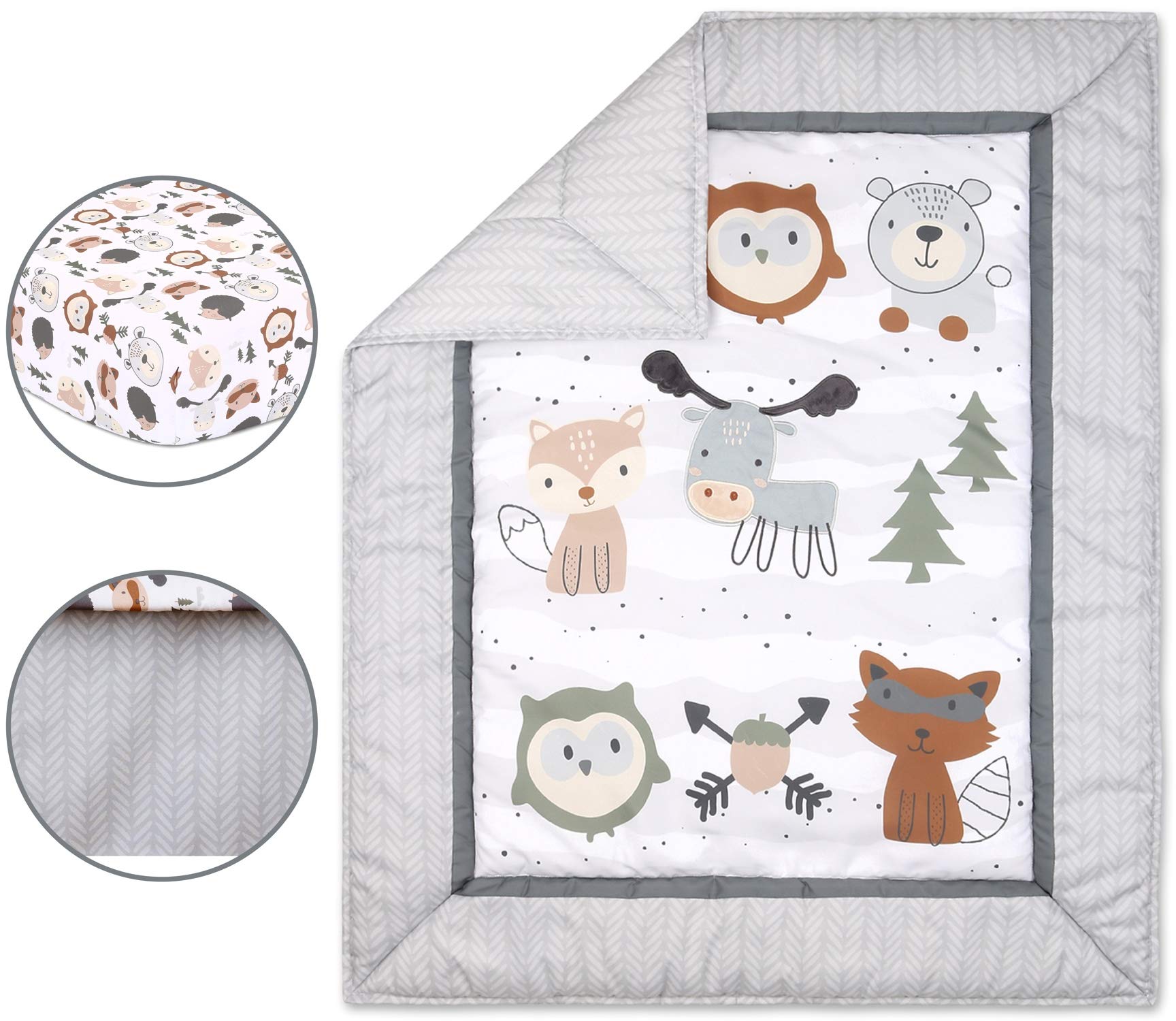 The Peanutshell Woodland Walk Crib Bedding Set for Boys or Girls | 3 Piece Nursery Set | Crib Quilt, Fitted Sheet, Crib Skirt