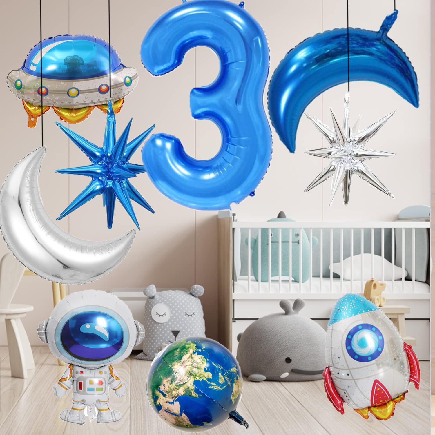 13 PCS Space Theme Birthday Party Decoration - Outer Space Balloons for 3rd Birthday Supplies, Foil Balloons for 40 Inch Blue Number 3 Astronaut Rocket Star Moon Galaxy Earth (3rd)