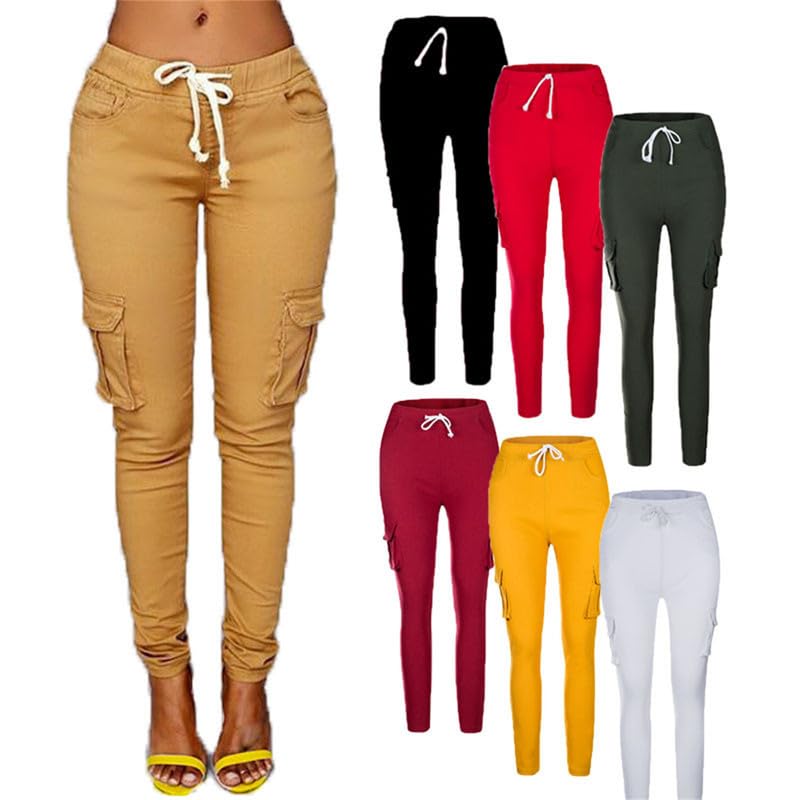 Andongnywell Womens Casual Stretch Drawstring Skinny Pants Cargo Jogger Pants High Waist Tie Butt Lift Pant with Pockets (White,X-Large)