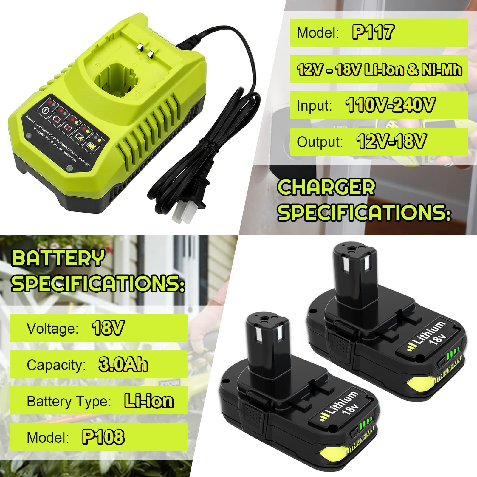 2-Pack 3.0Ah Replacement for Ryobi 18V Battery and Charger Compatible with Ryobi 18V Lithium Battery P102 P103 P104 P105 P107 P109 P108 P190 P122
