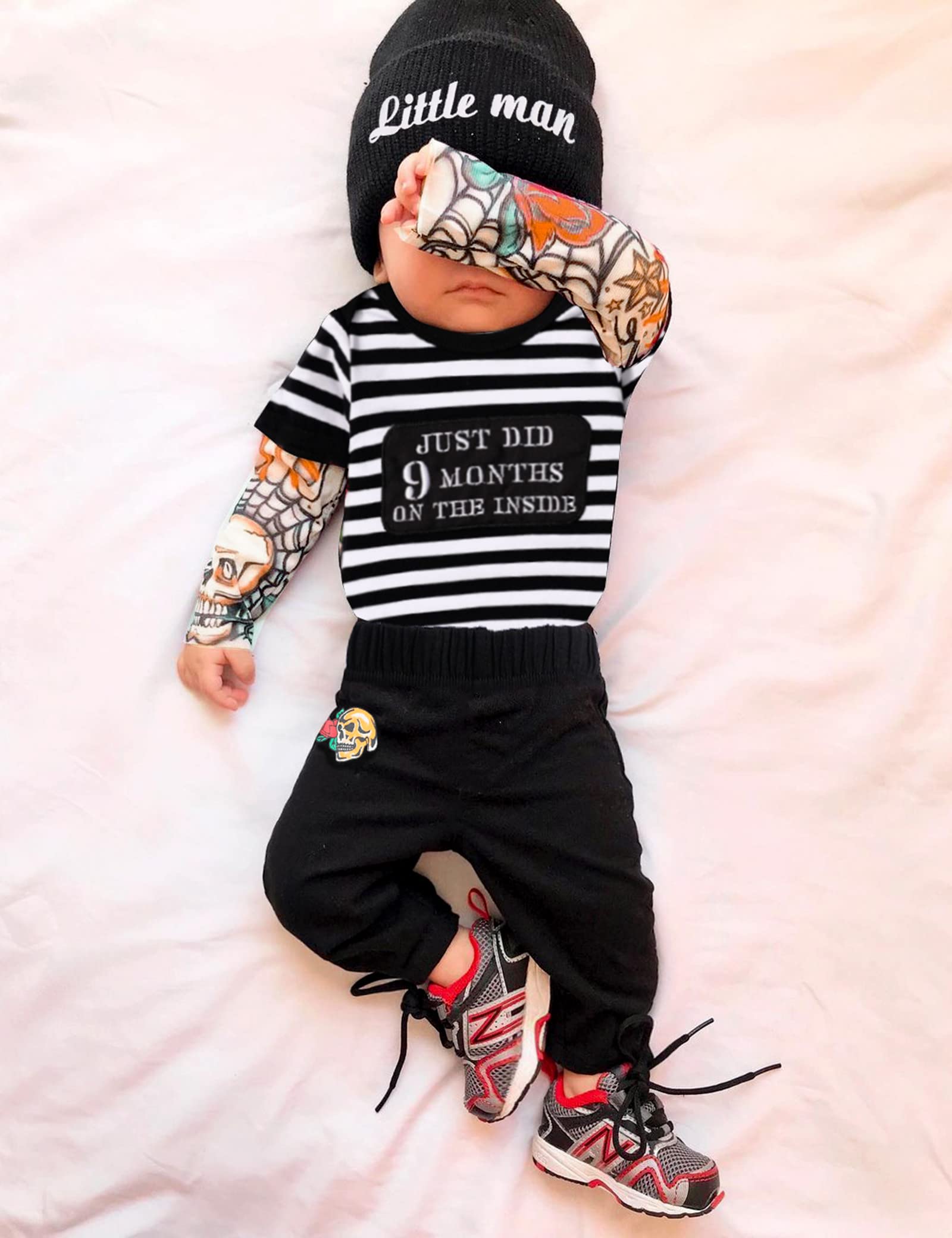 Baby Boy Clothes 0-3 Months Fake Tattoo Sleeve Just Did 9 Months On The Inside Funny Baby Romper Rockabilly Bodysuits +Little Man Hat + Skull Pant 3PCS Outfits Set