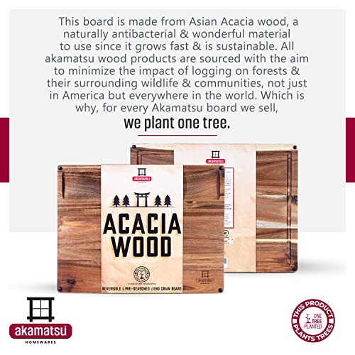 AKAMATSU HOMEWARES | RYOKAN Acacia Wood Cutting Board | Edge Grain XL Cutting Board with Deep Juice Well | 17x13.2x1" Charcuterie Board Serving Platter with Sorting Compartments | Sustainable Gift Box