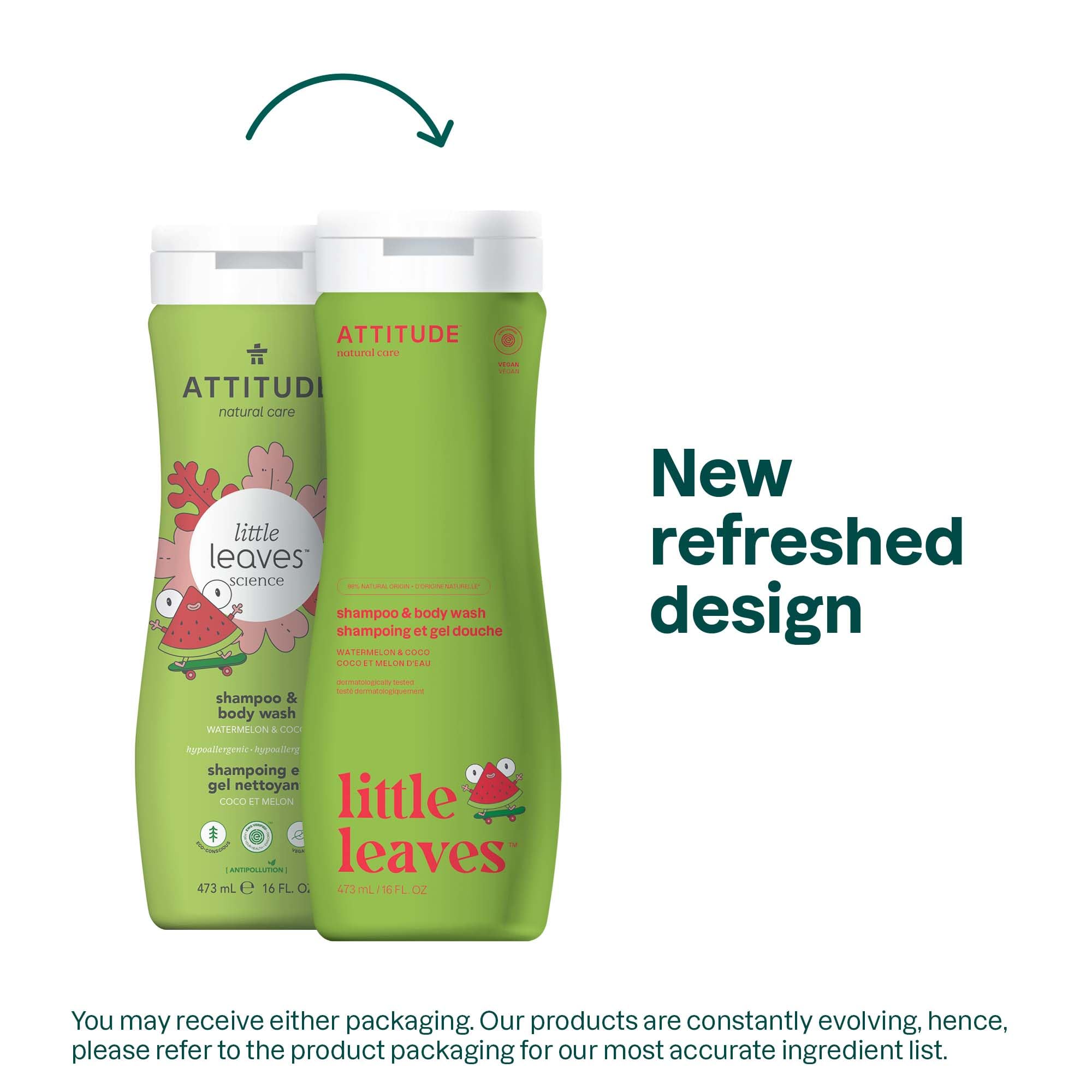 ATTITUDE Shampoo and Body Wash for Kids, EWG Verified, Dermatologically Tested, Plant- and Mineral-Based Ingredients, Vegan and Cruelty-Free, Watermelon and Coco, 16 Fl Oz