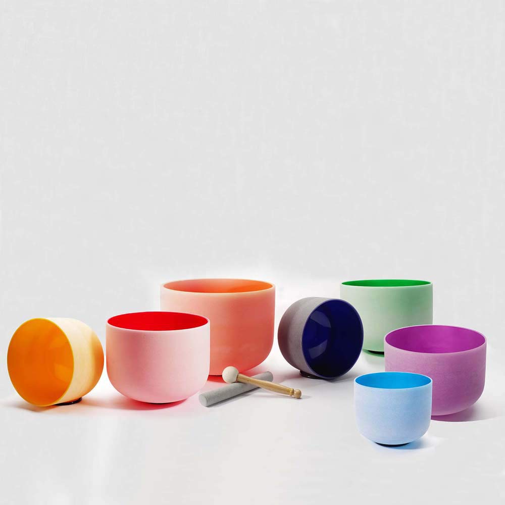440 HZ Set of 7 Pieces of Color Frosted Quartz Crystal Singing Bowls 6"-12" + mallets & O-rings