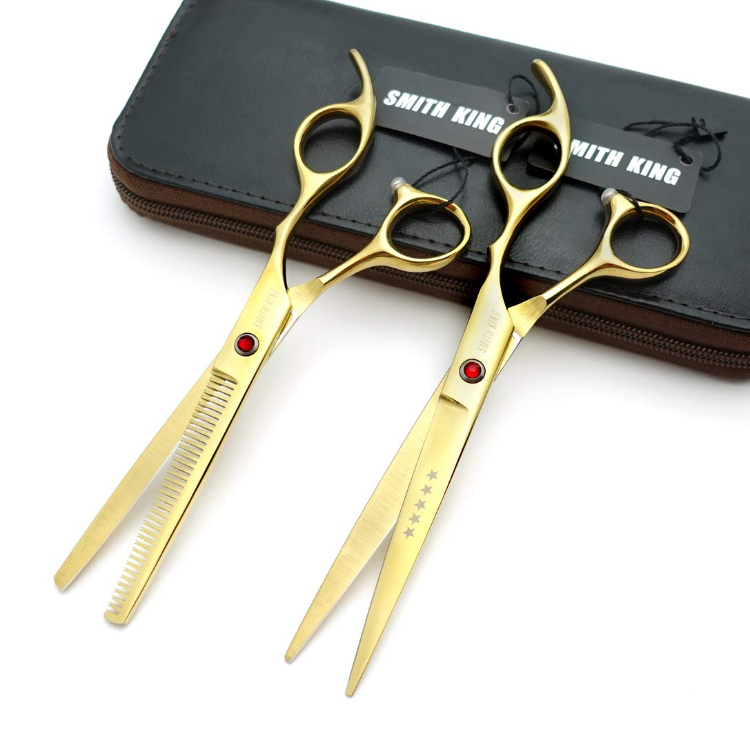 7.0 Inches Hair Cutting Scissors Set with Combs Lether Scissors Case,Hair cutting shears Hair Thinning shears For Personal and Professional (Gold)