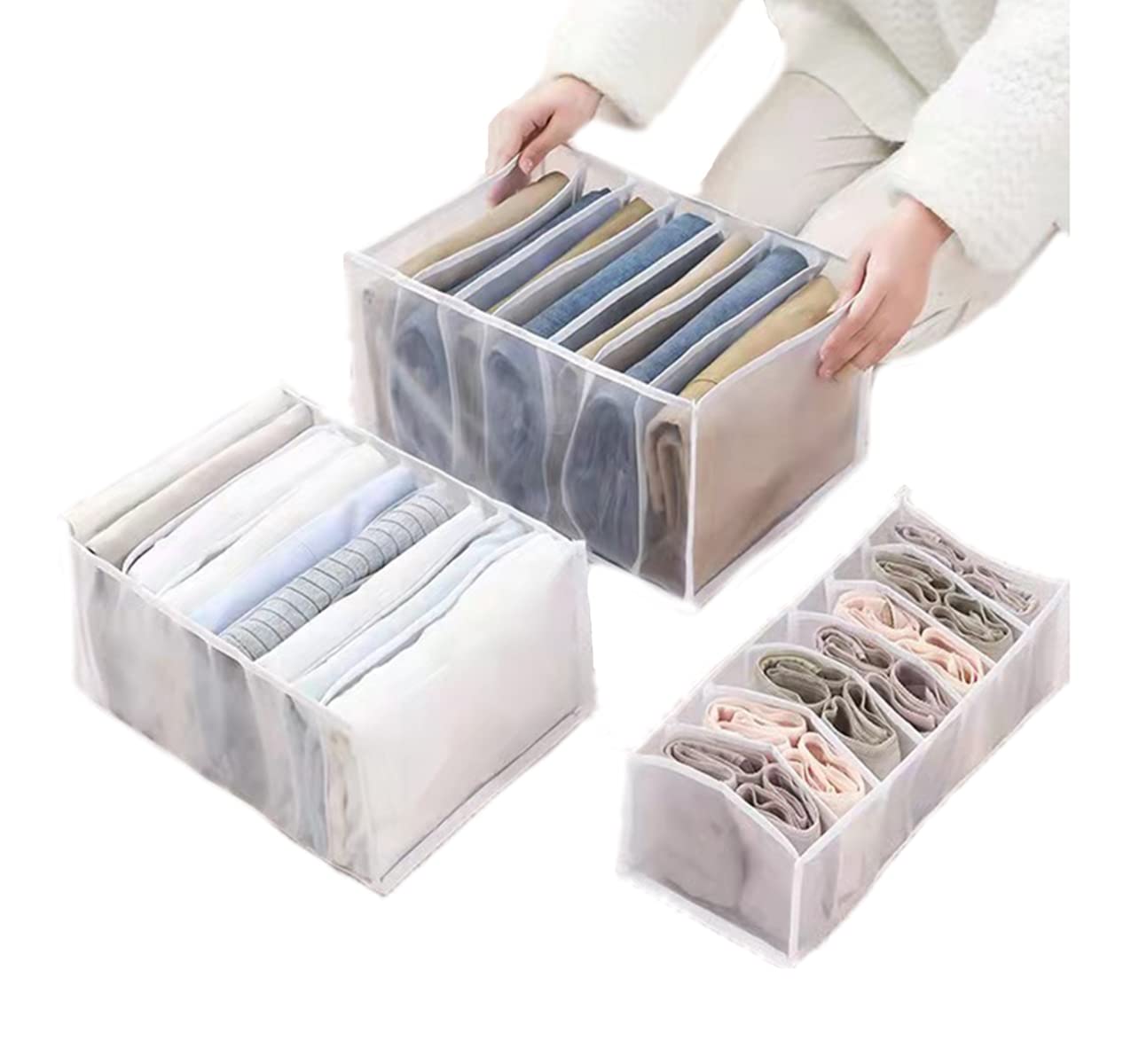 3 Pack Washable Wardrobe Clothes Organizer, Jeans Leggings Compartment Storage Box Closet, Drawer Organizers for Clothing, Folding Clothes Mesh Separation Organizer (White Jeans+T-shirts+Leggings)