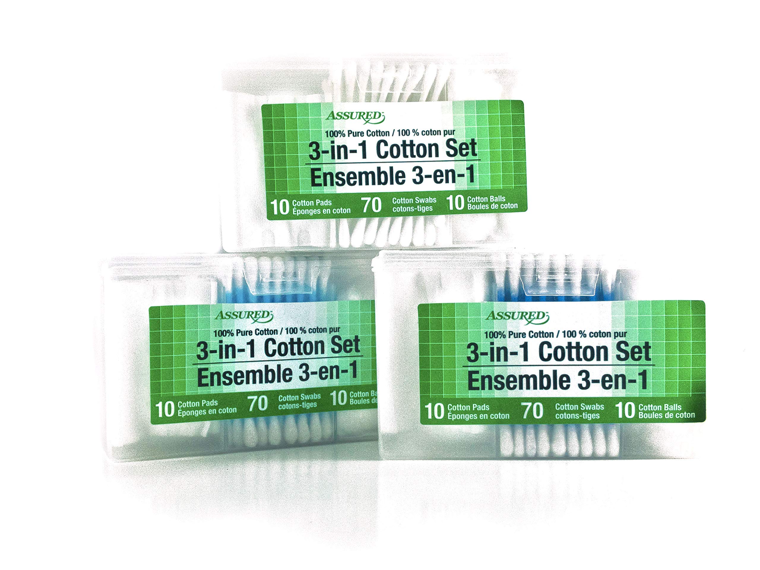 Assured Cotton Pads Cotton Swabs Cotton Balls 3-in-1 Cotton Set- 3Ct Blue/Purple/White (90 Items) (3)