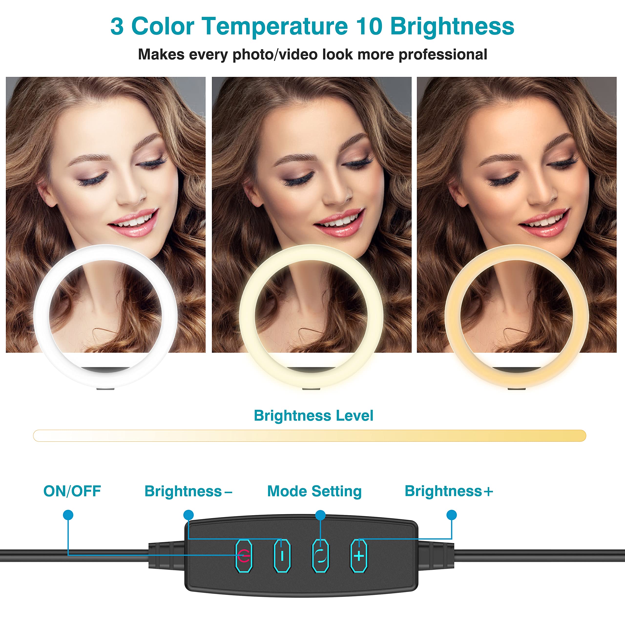 12.2" Ring Light with 54'' Extendable Tripod Stand & Cellphone Holders for Live Stream/Makeup/YouTube Video, Dimmable LED Beauty Selfie Ringlight for TikTok Photography, Color Temperature 3000-6000K