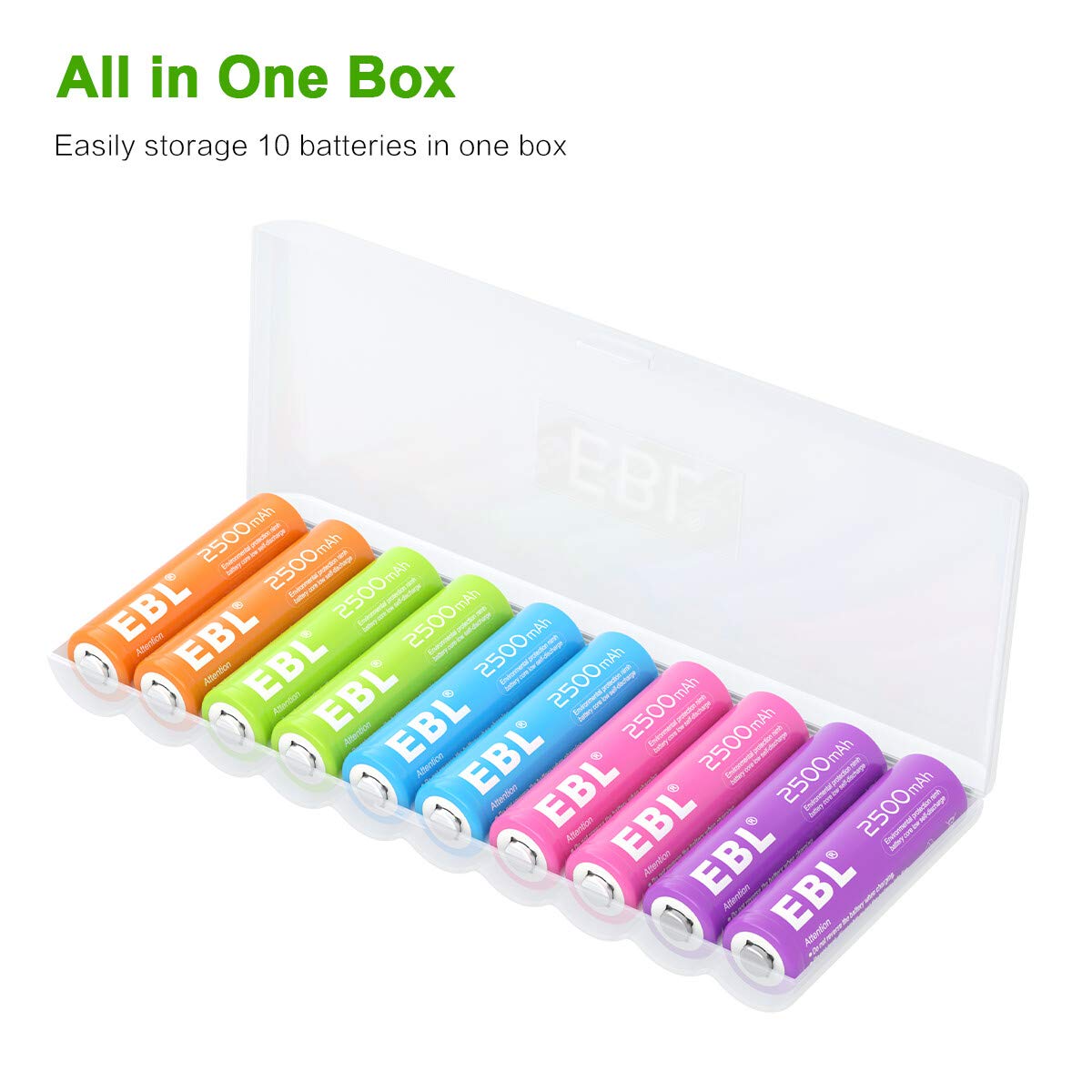 EBL 8-Bay Battery Charger with AA Rechargeable Batteries 2500mAh (10 Pack- 5 Color in One Box)