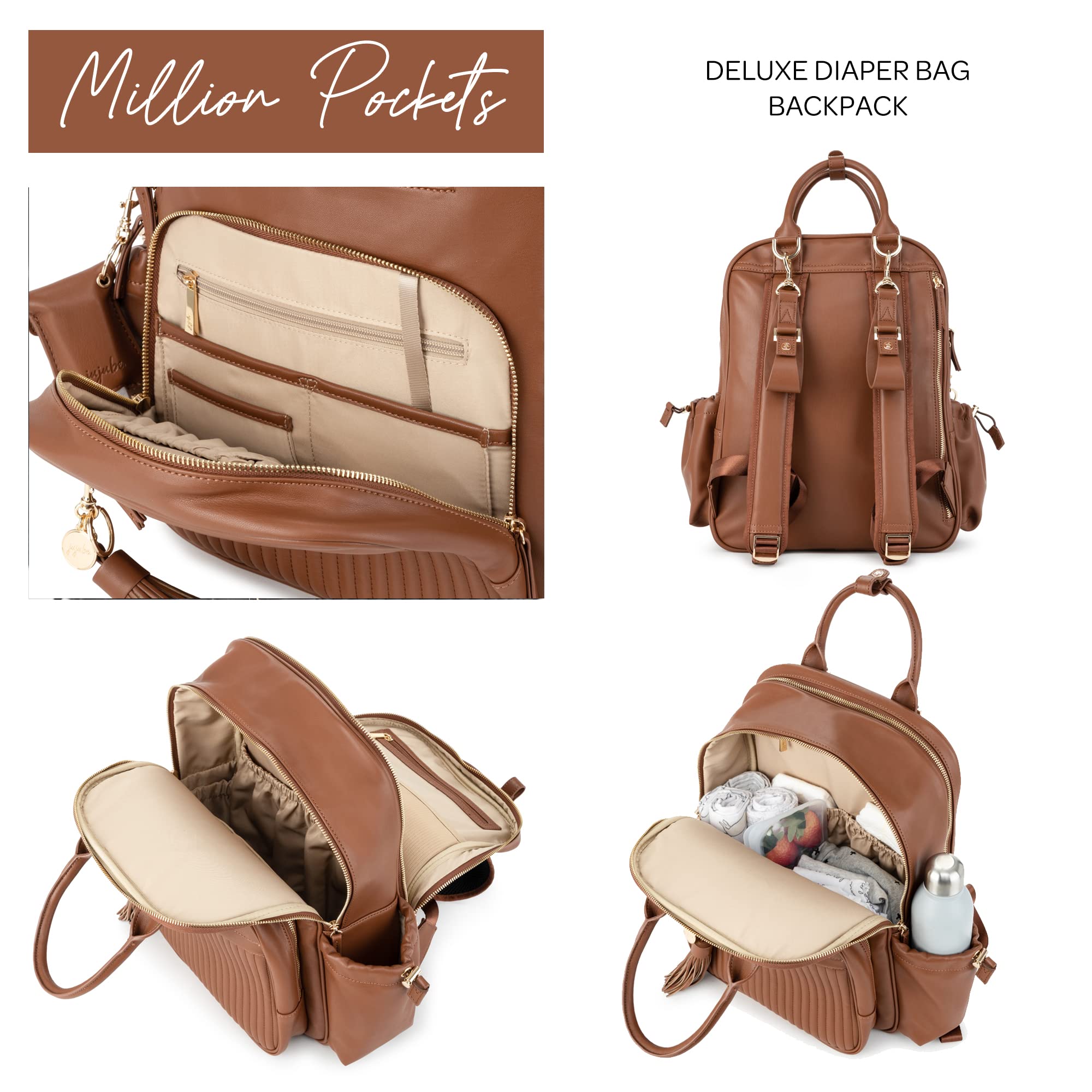JuJuBe | Million Pockets Vegan Leather Diaper Bag Backpack - Large Travel Backpack for Women | Spice