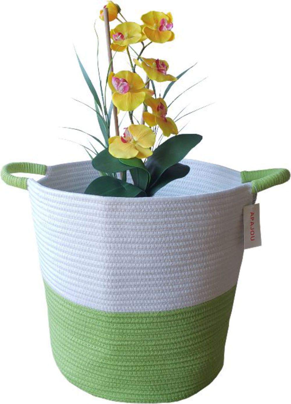 Apajou Large Cotton Rope Basket (12.5” x 16” x 15”) - Round Woven Storage Organizer Baby Basket Bin with Sturdy Handles - for Blankets, Toys, Laundry, Nursery, and More