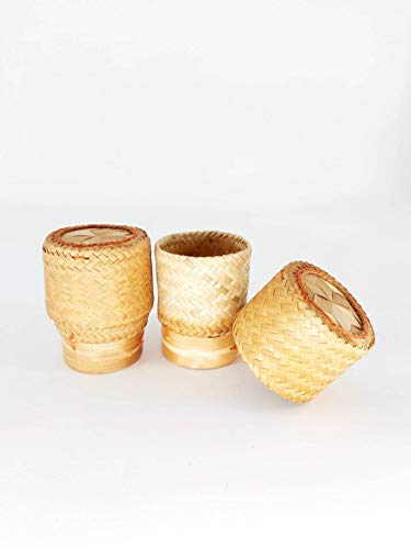 2 Sets of Mini Basket Size 8x8x11 cm. Handwoven Handmade Sticky Rice Serving Basket from Natural Bamboo