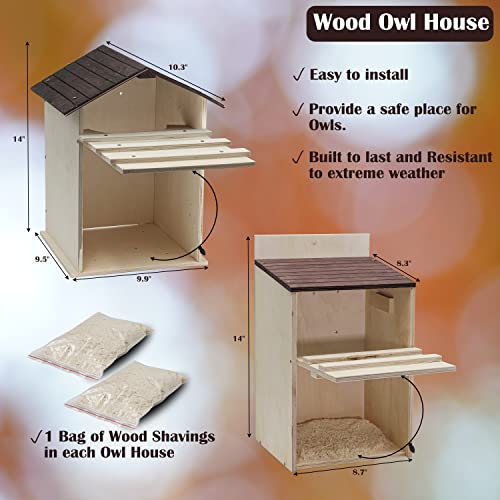 2 Pack Owl House, Wooden Large Size Owl Nesting Box for Screech Owl, Saw Whet Owl, Barn Owl, Barred Owl, Extra Durable with Wood shavings and mounting Parts, Quick and Easy Assembly Required