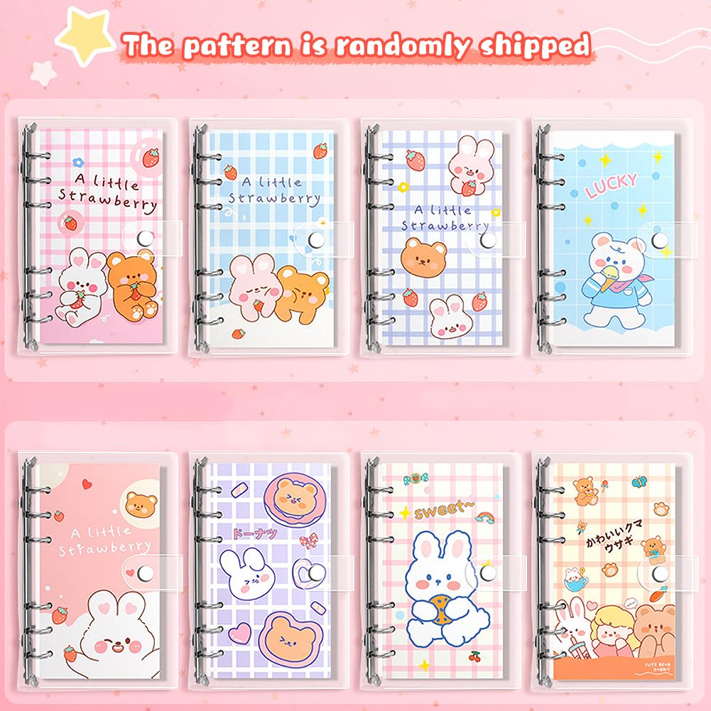 2 Pcs Binder Notebook,Rabbit Bear 6 Round Ring Loose Leaf Binder Small Diary Journal Planning Pocket Notebook with Transparent PVC Cover Pendant Sticker Gift for Kid Office Christmas Easter Birthday