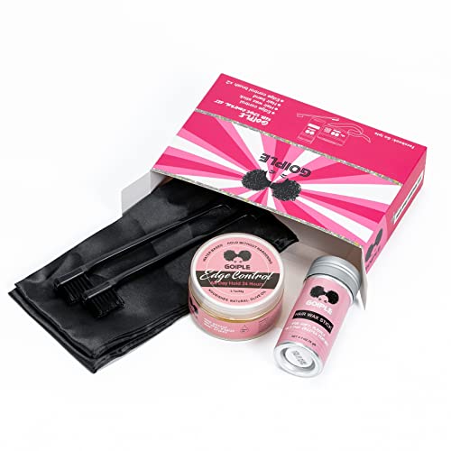 Edge Control Wax Hair Wax Stick for Wigs - Strong Hold, Non-greasy Styling Set with Fly Away Control, Brush, and Scarf (Black, 2.7oz+2.7oz)