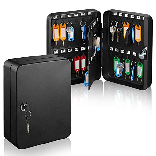 AdirOffice Key Lock Box Cabinet Wall Mount with Keys & 48 Colored Name Tags - Key Safe Organizer for A Mess Free Work Place Such As Car Dealer, Property Manager, Valet Parking & More (48 Keys, Black)