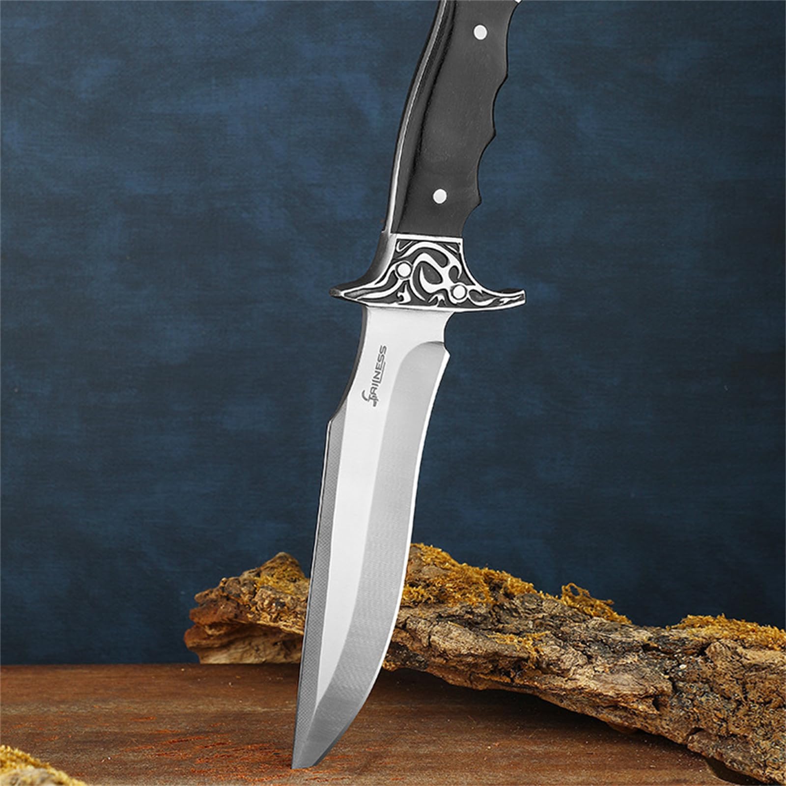 10MOONS 8.78-inch Bowie Knife Full-Tang Fixed Blade, Black-Colored Wood Handle Hunting Knife with Embossed Leather Sheath for Camping, Hiking, Survival