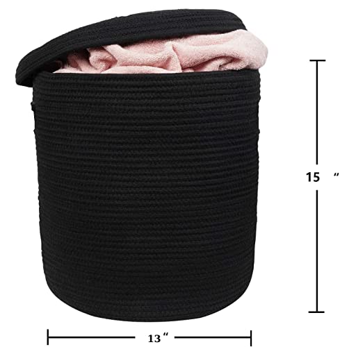 Cotton Rope Storage Basket with Lid | Large Woven Baskets and Handles 15" x 13" | for Nursery, Laundry, Black Round Hamper, Home Living Room Floor, Toy Organizing bins, Blanket, Pillow and Big