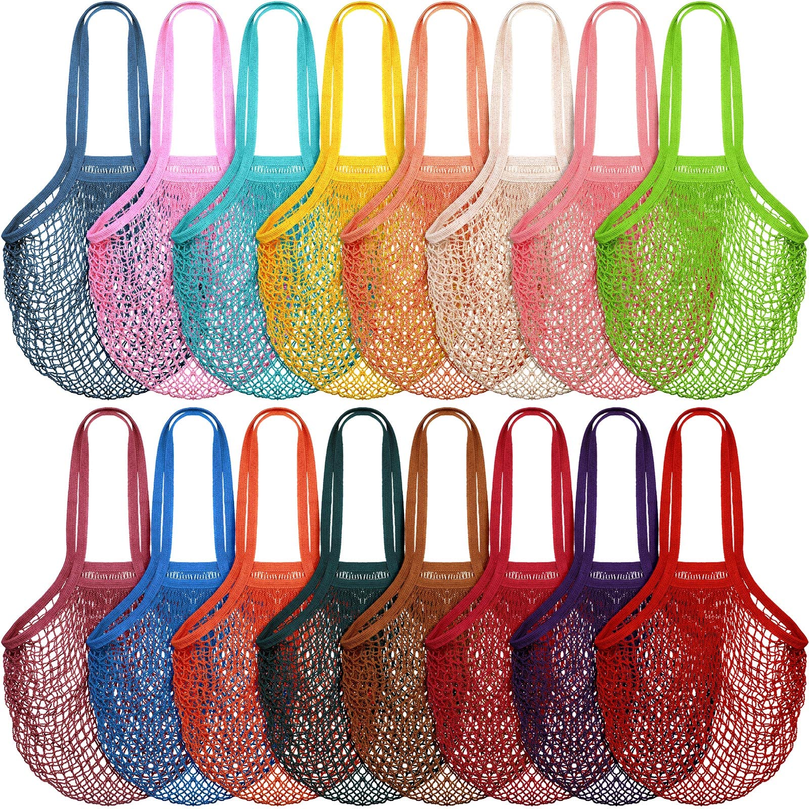 16 Packs Reusable Mesh Grocery Bags Washable Fruit and Vegetable Produce Bag Cotton Mesh Market Bag Long Handle Shopping Bag Large Storage Netted Tote Bag Organizer Shopping Handbag, 16 Colors