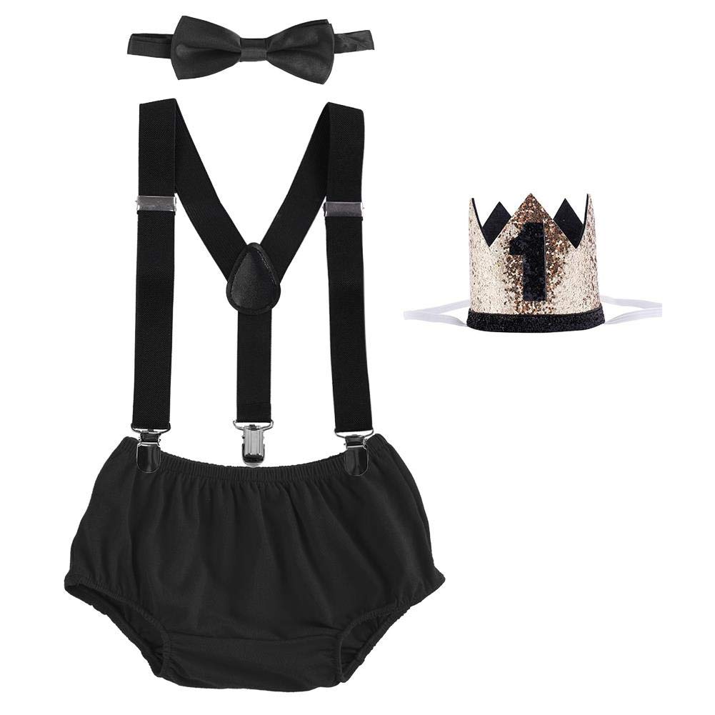 Baby Boys Lion 1st Birthday Cake Smash Outfit Wild One Year Old First Birthday Party Bloomers Y Back Adjustable Suspenders Bowtie set Necktie Shorts Diaper Cover Gold Crown Hat Headband Clothes Black