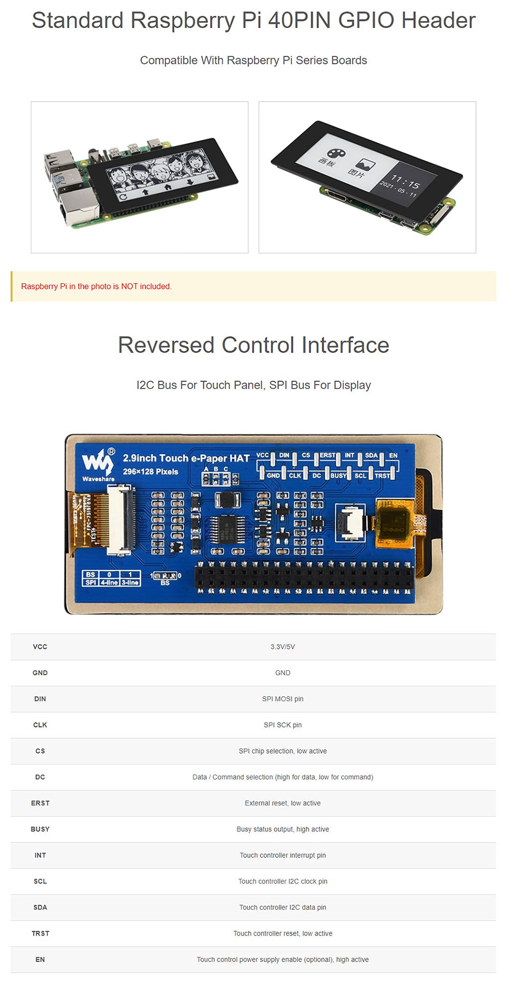 Coolwell 2.9inch Touch E-Paper E-Ink Display HAT for Raspberry Pi Series Board, 5-Points Capacitive Touch, 5-Points Touch,296×128 Pixels, SPI Interface