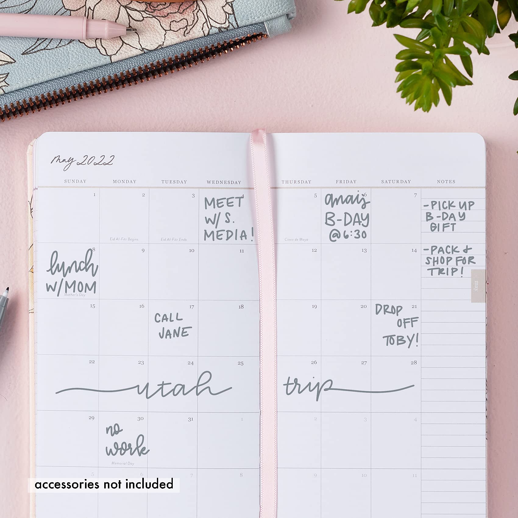 12 Month Pocket Planner ( Jan 2022 - Dec 2022 ) - Flora Blush. Vegan Leather. 80 lb. Thick Paper. Dated Monthly and Weekly Horizontal Spreads and Notes Pages by Erin Condren.