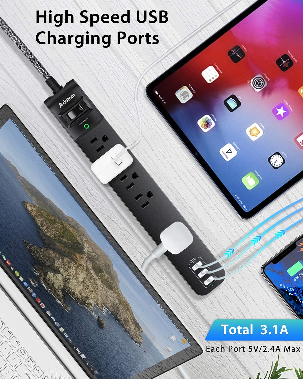 2 Pack Power Strip Surge Protector, 5 Widely Spaced Outlets 3 USB Charging Ports & Power Strip Surge Protector with 10 Outlets and 4 USB Ports