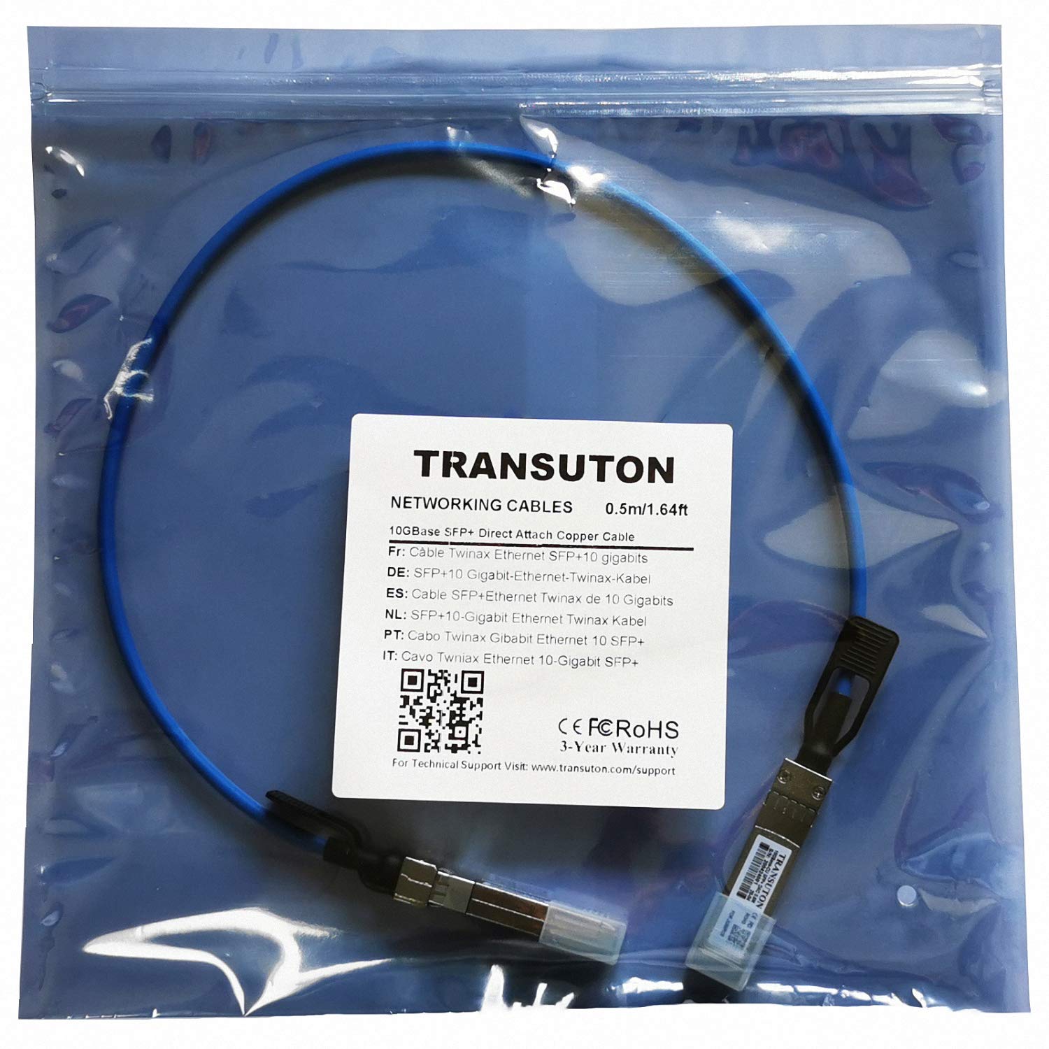 CHUANGSUTON Blue 10G SFP+ DAC Passive Direct Attach Copper Cable for Intel XDACBL0.5M Ethernet 10GbE 10Gb/s SFP+ to SFP+ DAC 0.5M(1.6ft)