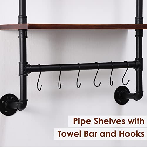 2 Tier Bathroom Floating Shelves with Industrial Pipe, 36 Inch Rustic Wood Wall Mounted Over Toilet Shelves with Towel Bar and Hooks, Wall Shelves for Bookshelf Kitchen Bar Living Room