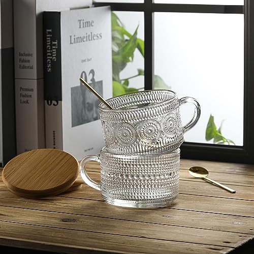 4pcs Set Vintage Coffee Mugs, Overnight Oats Containers with Bamboo Lids and Spoons - 14oz Clear Embossed Glass Cups, Cute Coffee Bar Accessories, Iced Coffee Glasses, Ideal for Cappuccino, Tea, Latte
