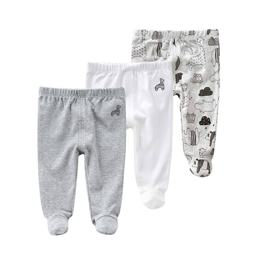 Teach Leanbh Newborn Baby 3 Pack Footed Pants Cotton Embroidery Pringting Casual Leggings 0-12 Months (6-12 Months, Giraffe)