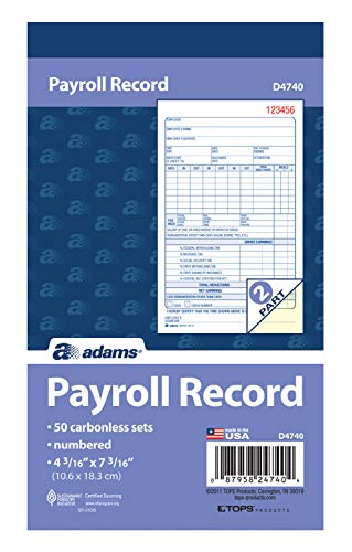 Adams Employee Payroll Record Book, 2 Part, Carbonless, 4.19 x 7.19, 50 Sets per Book, White and Canary (D4740)