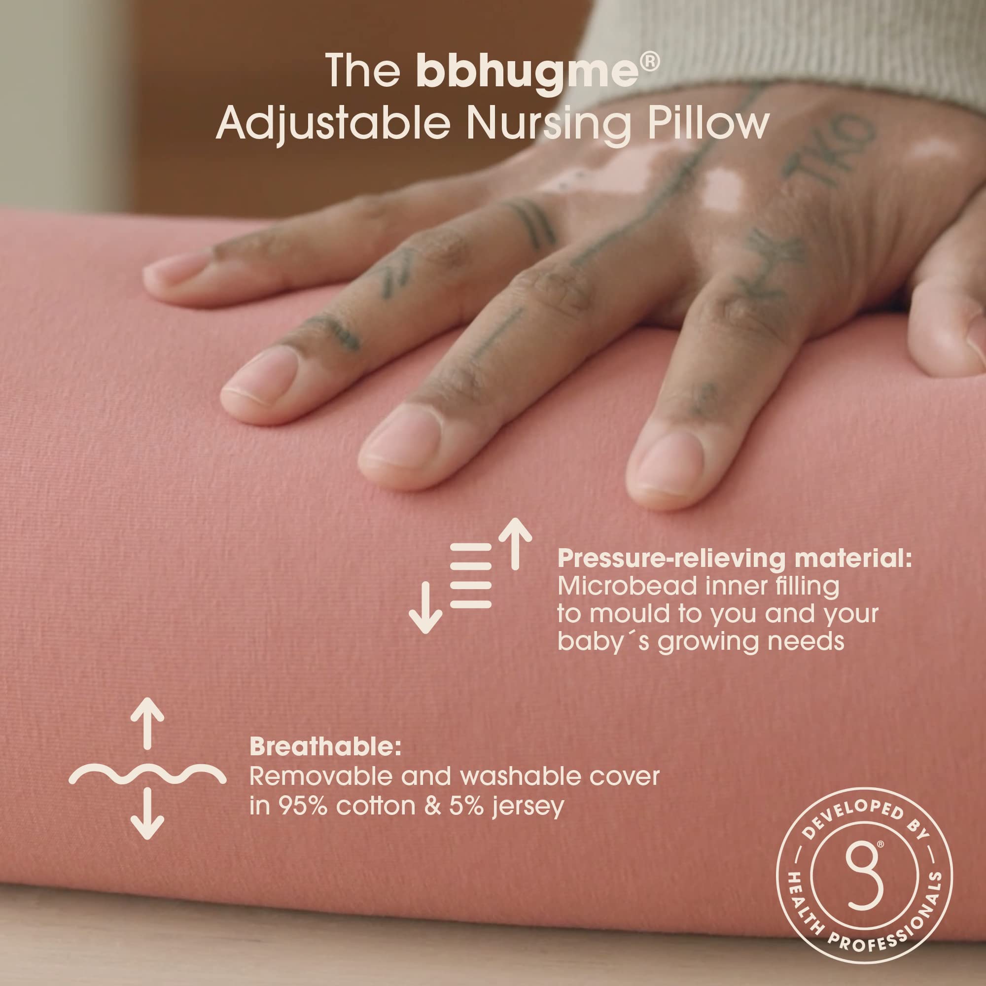 bbhugme Adjustable Nursing Pillow - Breastfeeding, Bottle Feeding, Baby Support - Adjustable Firmness and Fit - Washable Pillow Cover - Feather Blue