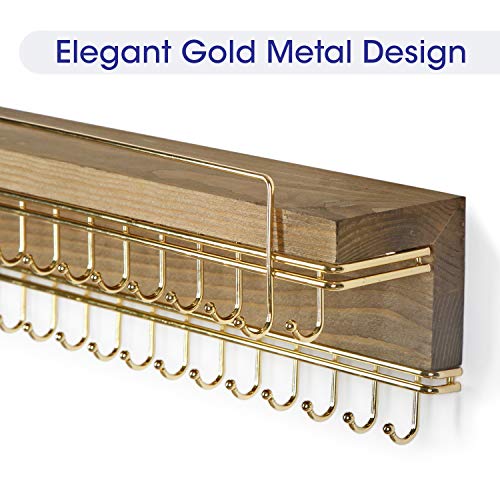 J JACKCUBE DESIGN Rustic Wood Wall Mounted Jewelry Organizer with 30 Gold Metal Hooks Display Shelf Storage for Necklaces, Bracelets, Earrings, Bows and more - MK626A
