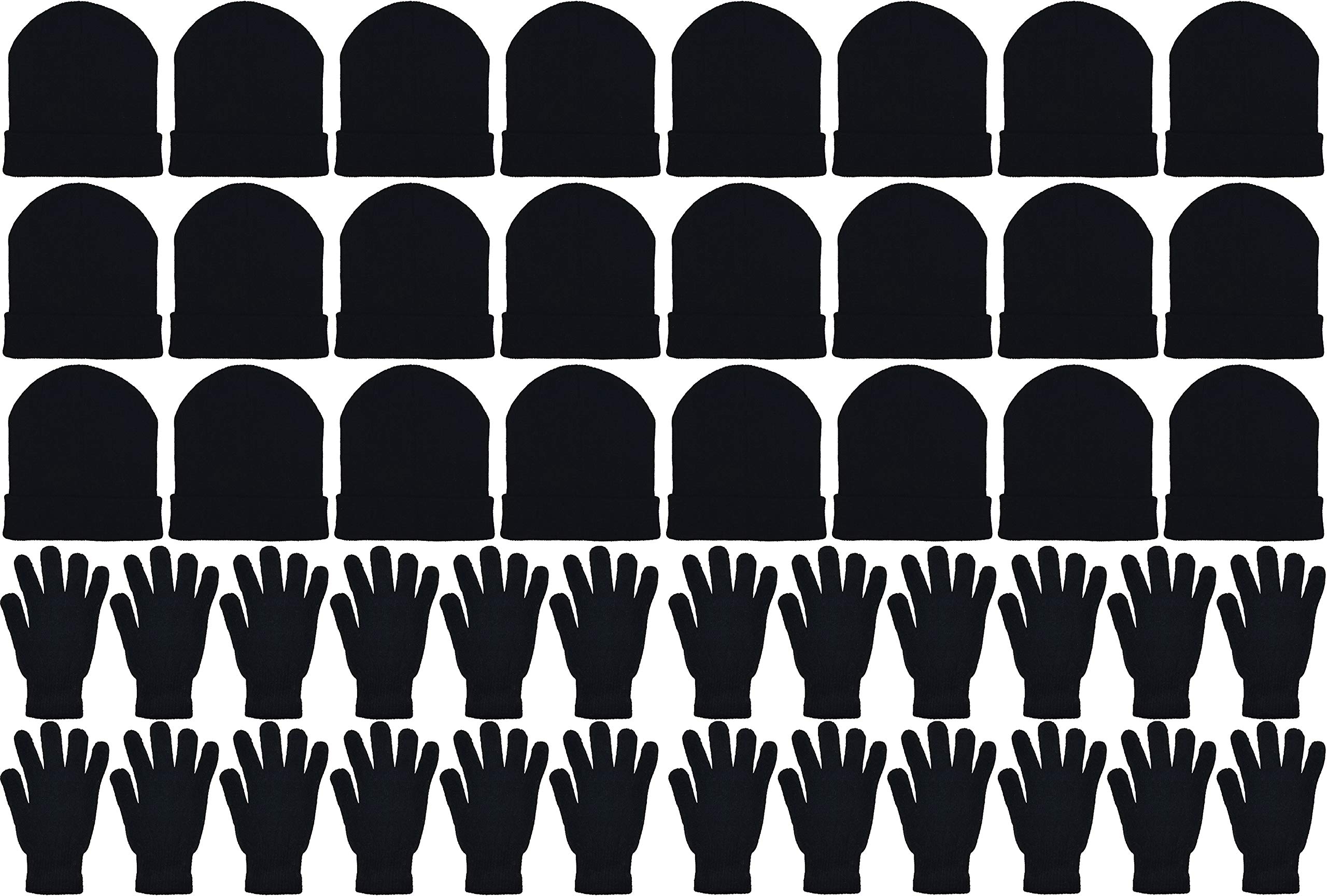 48x Winter Beanies & Gloves Combo Pack, Bulk Pack for Men Women, Warm Cozy Gift (Black)