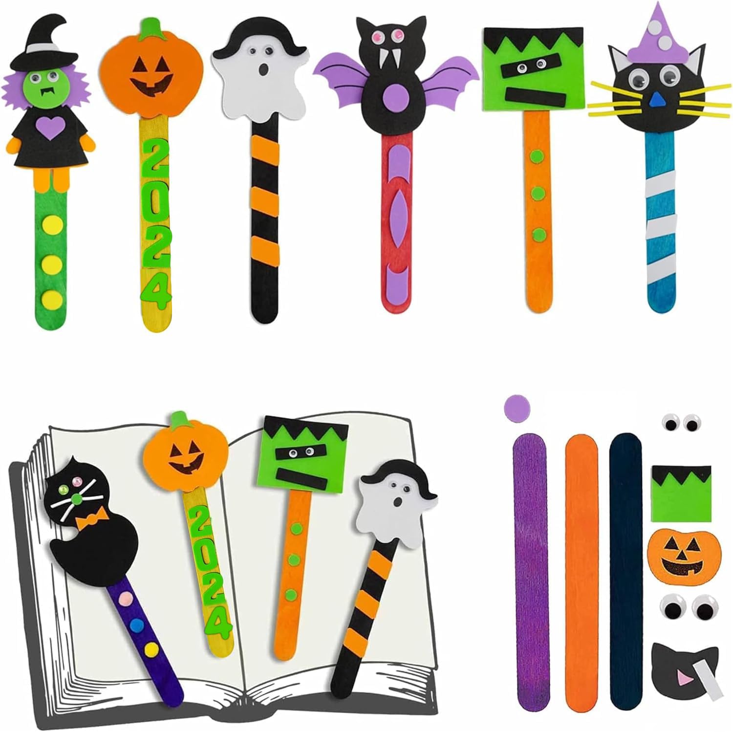 4E's Novelty Halloween Bookmark Craft for Kids 2024-12 Pack Bulk Kids Halloween Crafts Ages 4-8, 8-12 Halloween Activities for Kids Classroom Halloween Bookmarks, DIY Foam Halloween Craft Kit