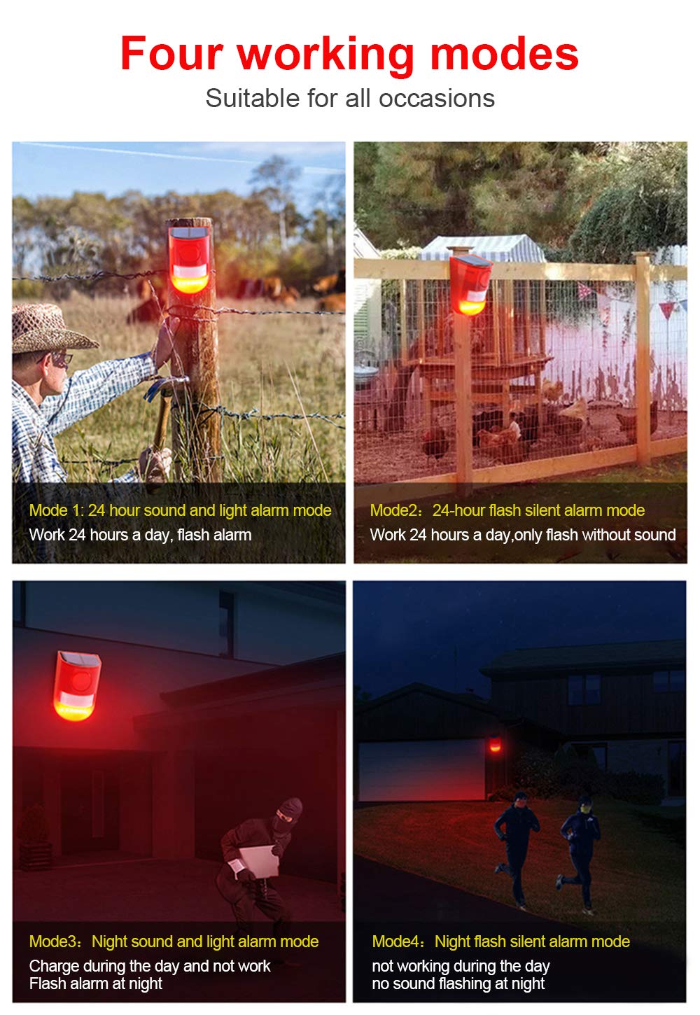 ChunHee Solar Sound & Light Alarm Outdoor Motion Sensor 129db Siren Sound Alert & 6LEDs Flash Warning Security Alarm System for Villa, Farm, Chicken Coop,Yard, Garden