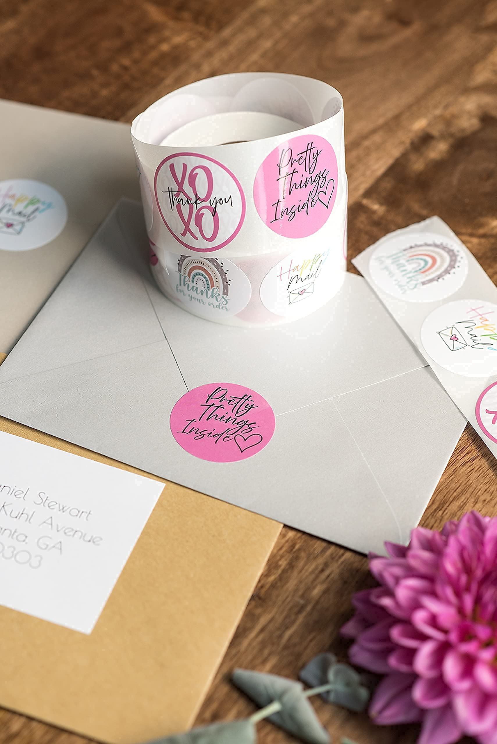 Assorted Cute Packaging Stickers - Roll of 500 - Four Fun Designs - 1.5" Round Glossy Sealers for Small Business - Happy Mail - Thank You for Your Business/Pretty Things Inside