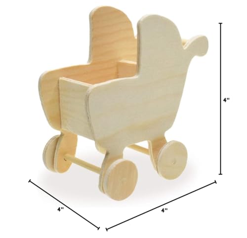 Baby Carriage Pram Stroller Miniature Wood for Baby Shower, Crafts, & DIY - 4 Inches Tall
