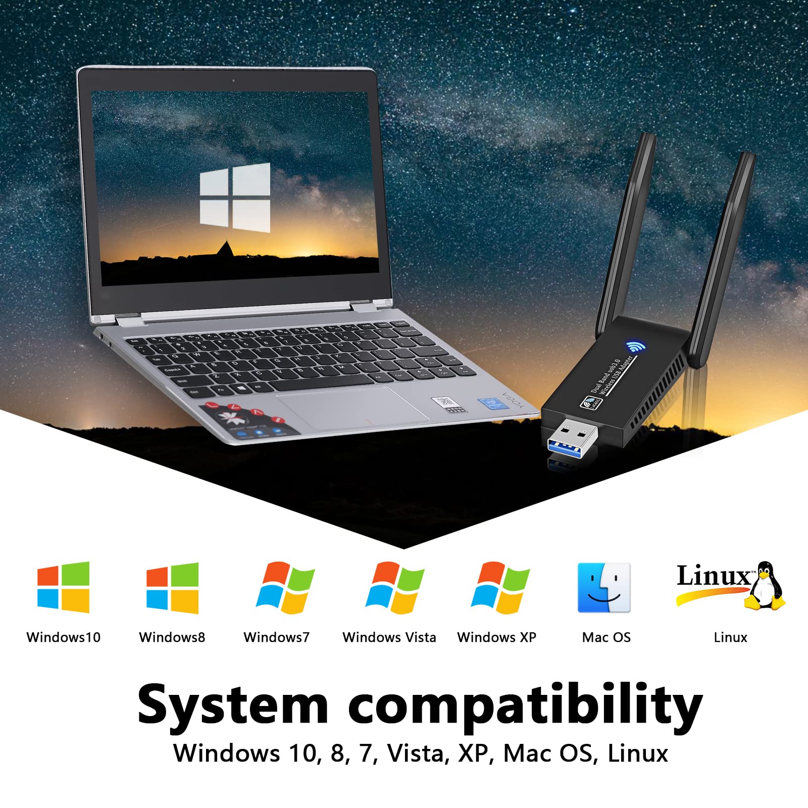 1300Mbps USB WiFi Adapter for PC Dual 5dBi Antenna Wireless Adapter for Desktop Laptop 2.4Ghz/5Ghz Band WiFi dongle Compatible with Windows 10/7/8/8.1/XP/Vista Mac OS 10.9-10.15