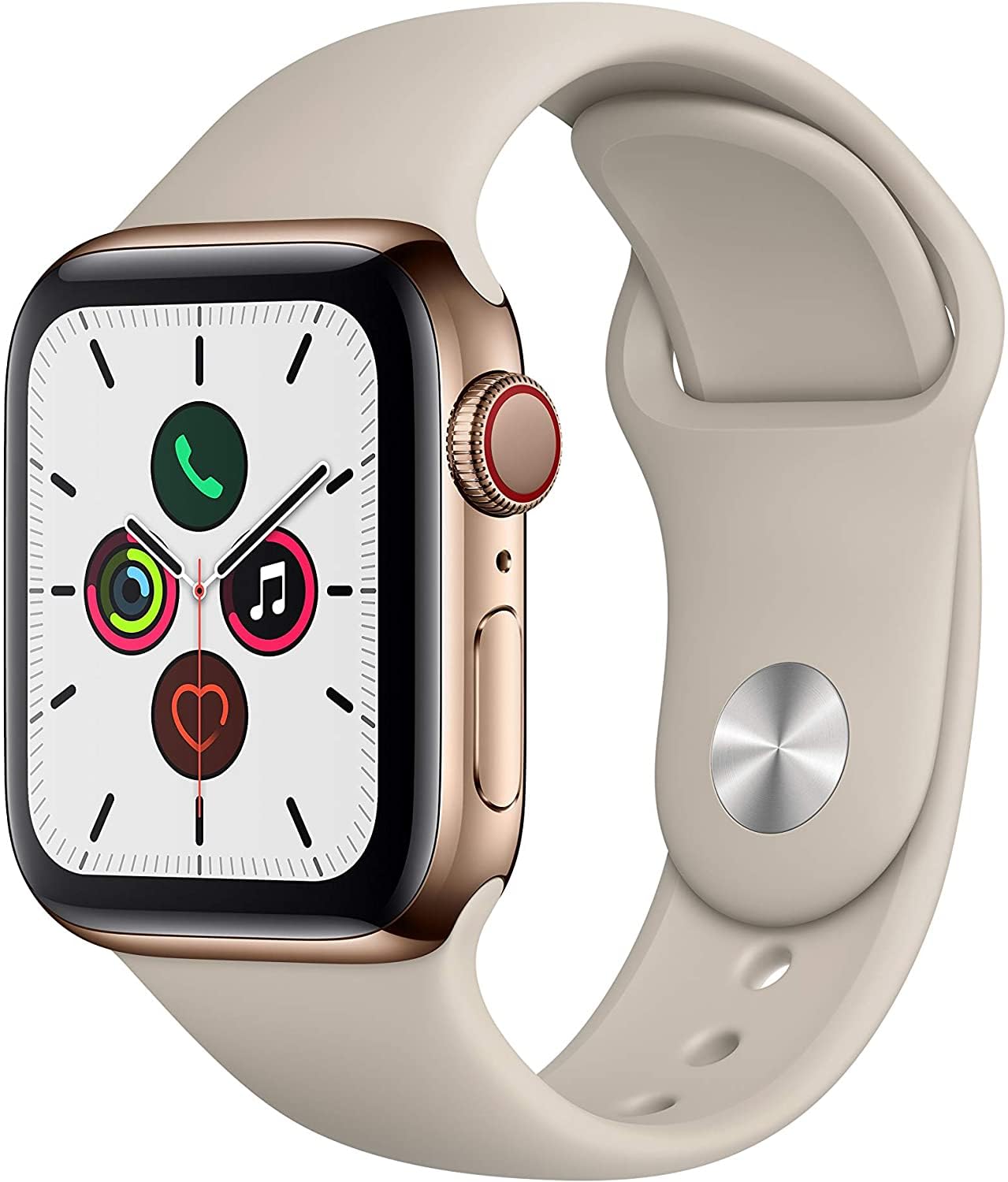 Apple Watch Series 5 (GPS + Cellular, 40MM) - Gold Stainless Steel Case with Stone Sport Band (Renewed)