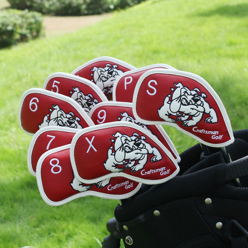 11pcs (4,5,6,7,8,9,A,S,P,L,X) Bulldog Waterproof Pu Leather Iron Headcover Head Covers Set for Taylormade,Callaway and Other Brand (Red)