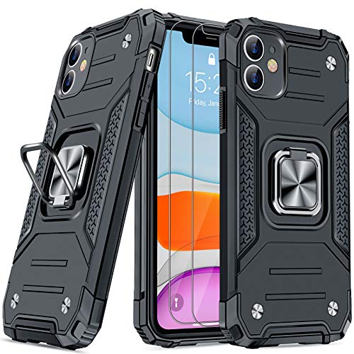 JAME Designed for iPhone 11 Case with Screen Protector [2PCS], Military-Grade Drop Protection, Protective Phone Case Cover, Car Mount Ring Kickstand Shockproof Bumper Case for iPhone 11 6.1 Inch Black